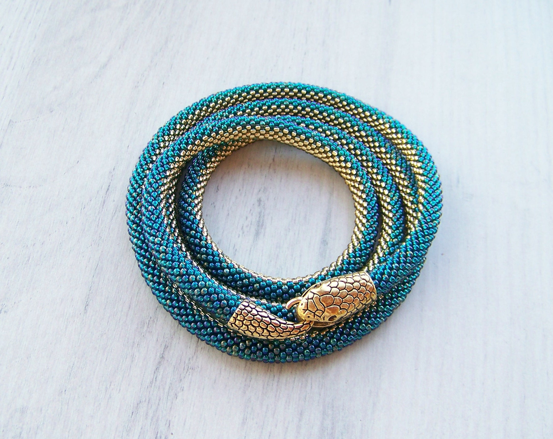 Shiny Snake Serpent Wrap Necklace - Long Beaded Crochet Rope Necklace ...