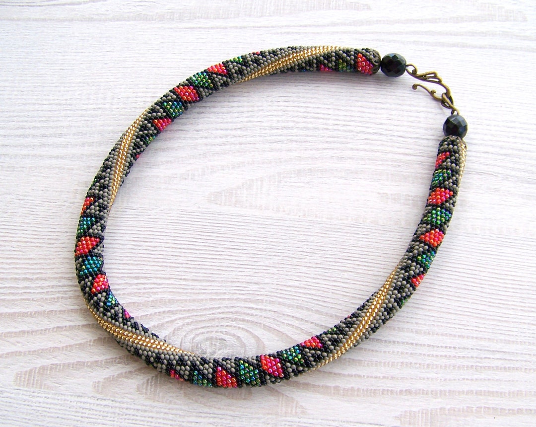 Beaded Crochet Rope Necklace - Geometric Pattern - Beaded Necklace ...