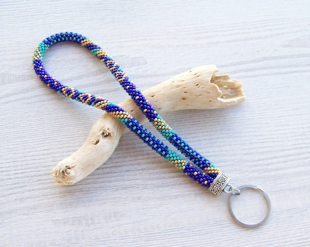 Wrist Keychain, Beaded Key Fob, Beaded Blue Patchwork Keychain, Modern ...