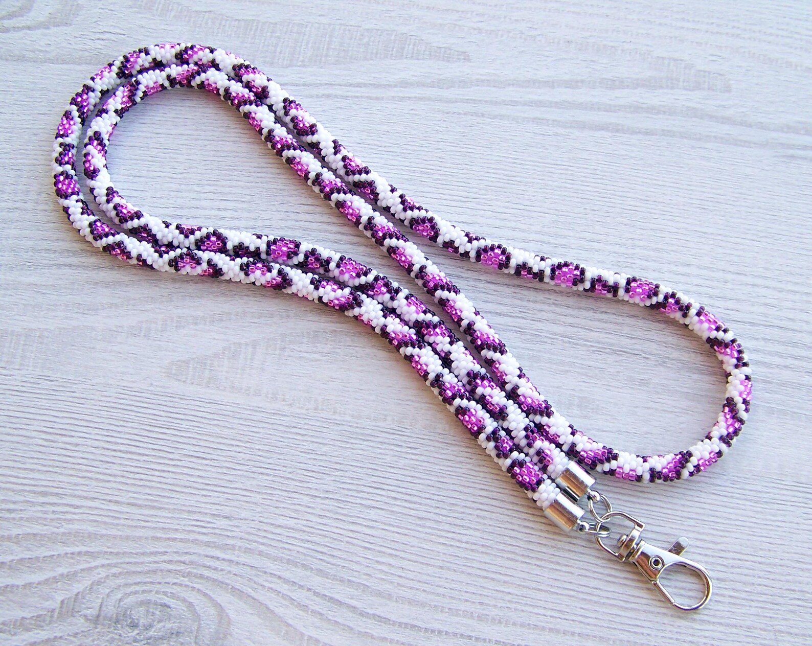 Bead Crochet Lanyard - Pink Leopard Modern Long Lanyard With Id Holder ...