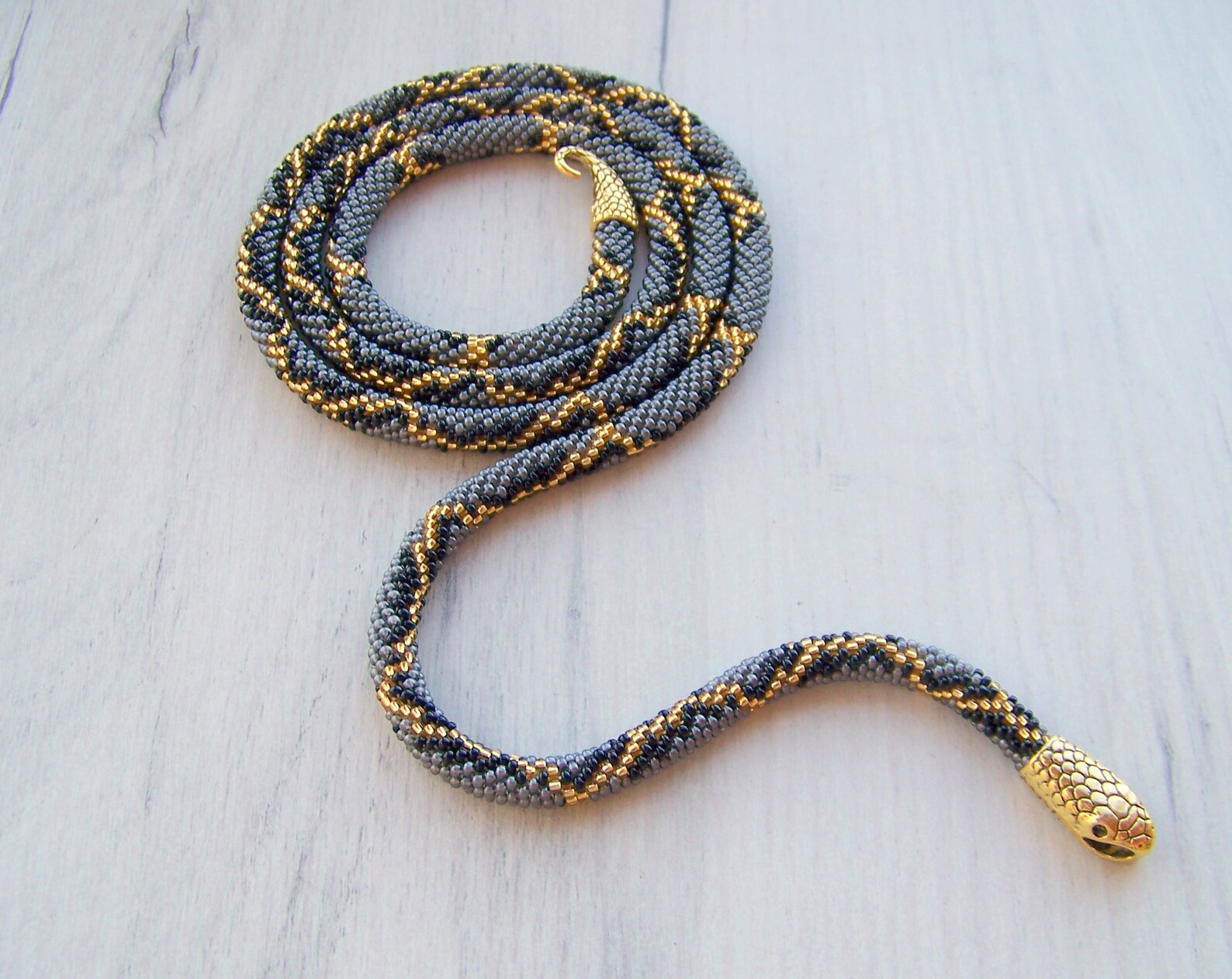 Gray Serpent Necklace - Bead Crochet Python Necklace - Ouroboros Necklace - Wiccan Jewelry ...