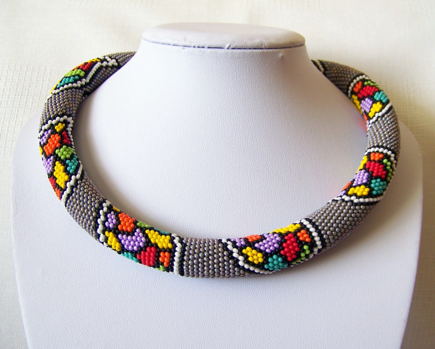 Beaded crochet rope necklace with colorful drops geometric | Etsy