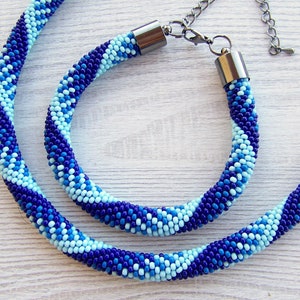 Blue Ombre Necklace and Bracelet Set, Bead Crochet Necklace, Blue ...