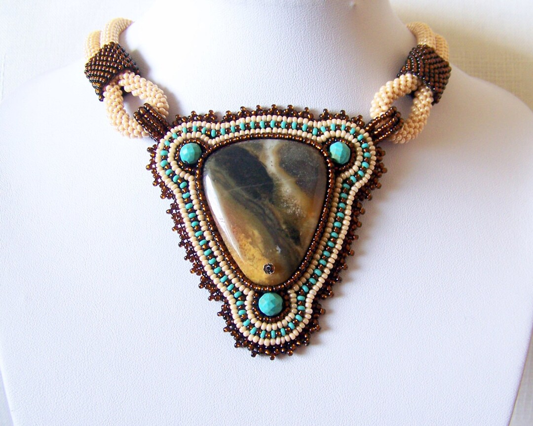 Statement Beadwork Bead Embroidery Pendant Necklace With Multi-color ...