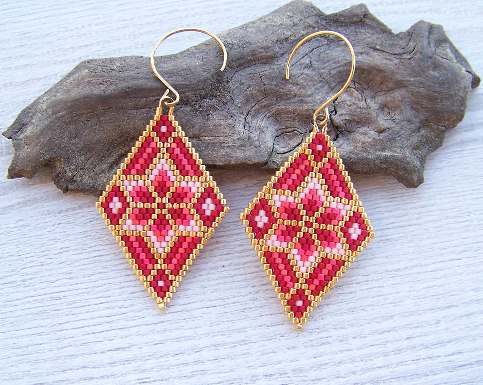 Ethnic Diamond Shaped Bead Rhombus Earrings, Boho Earrings, Beaded ...
