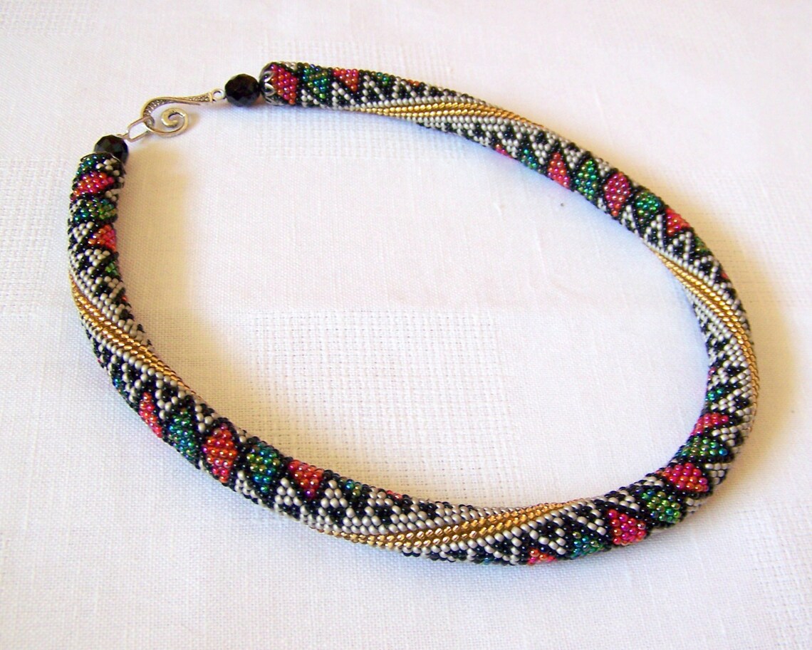 Beaded Crochet Rope Necklace Geometric Pattern Beaded - Etsy