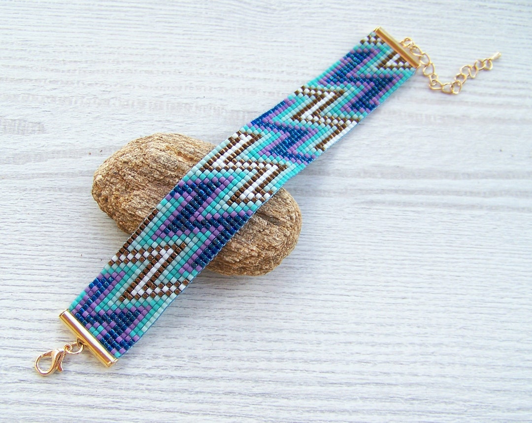 Blue Lightning Pattern Loom Bracelet, Miyuki Delica Beads Adjustable ...