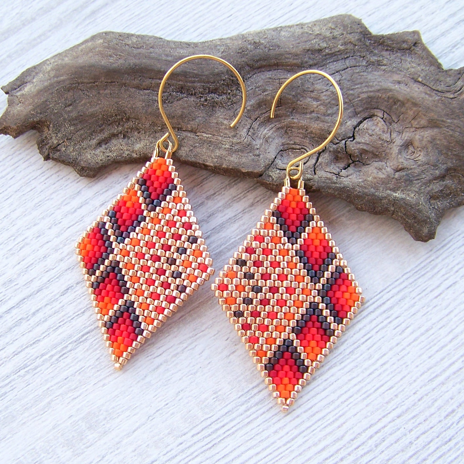 Diamond Shaped Bead Rhombus Earrings, Boho Earrings, Beaded Earrings ...