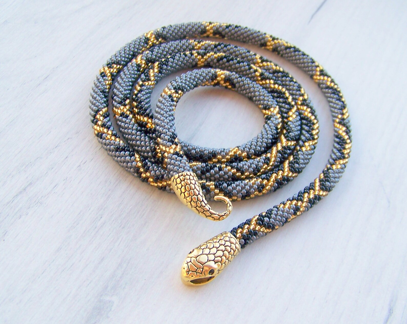 Gray Serpent Necklace - Bead Crochet Python Necklace - Ouroboros ...