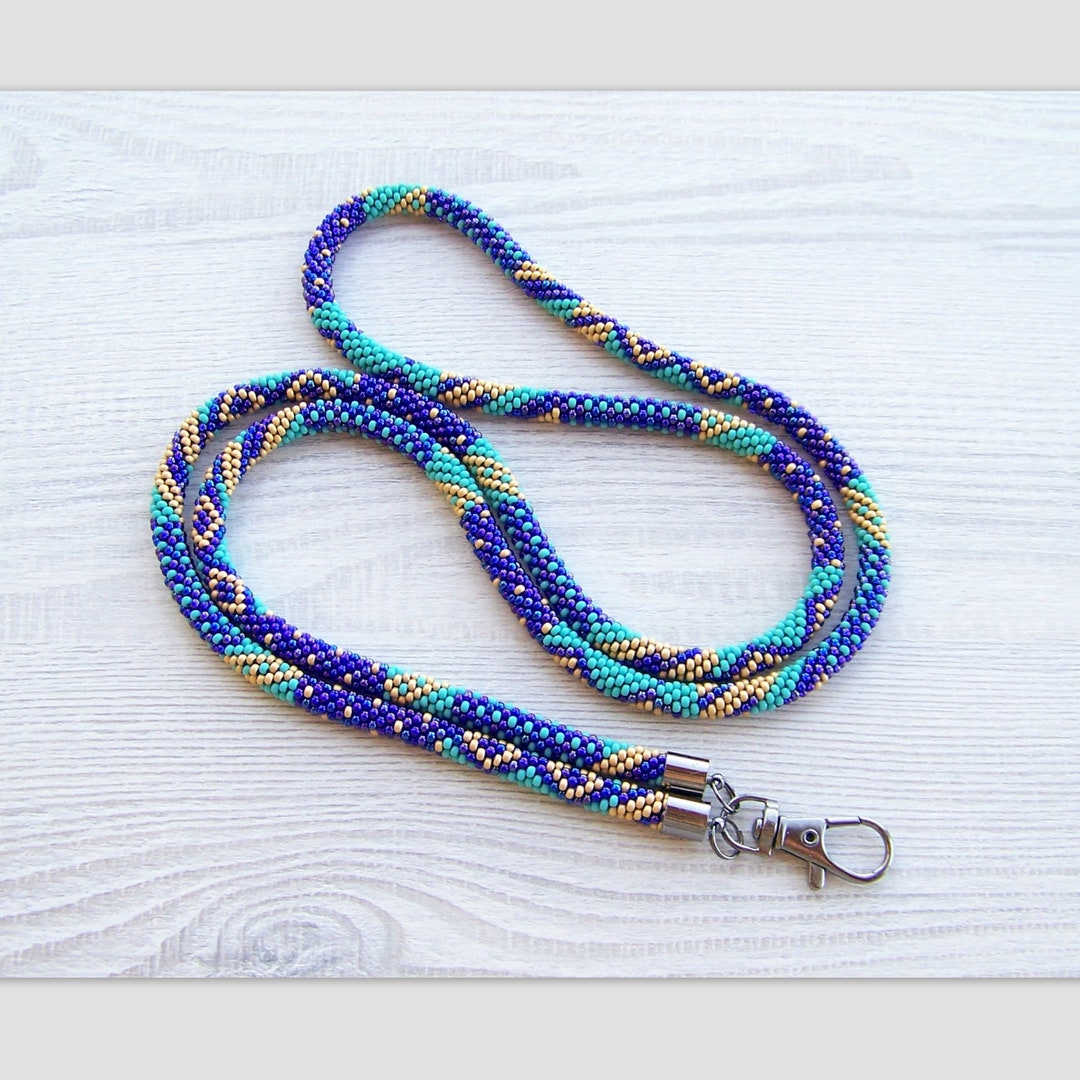 Blue Gold Patchwork Bead Crochet Lanyard - Modern Long Lanyard With Id ...