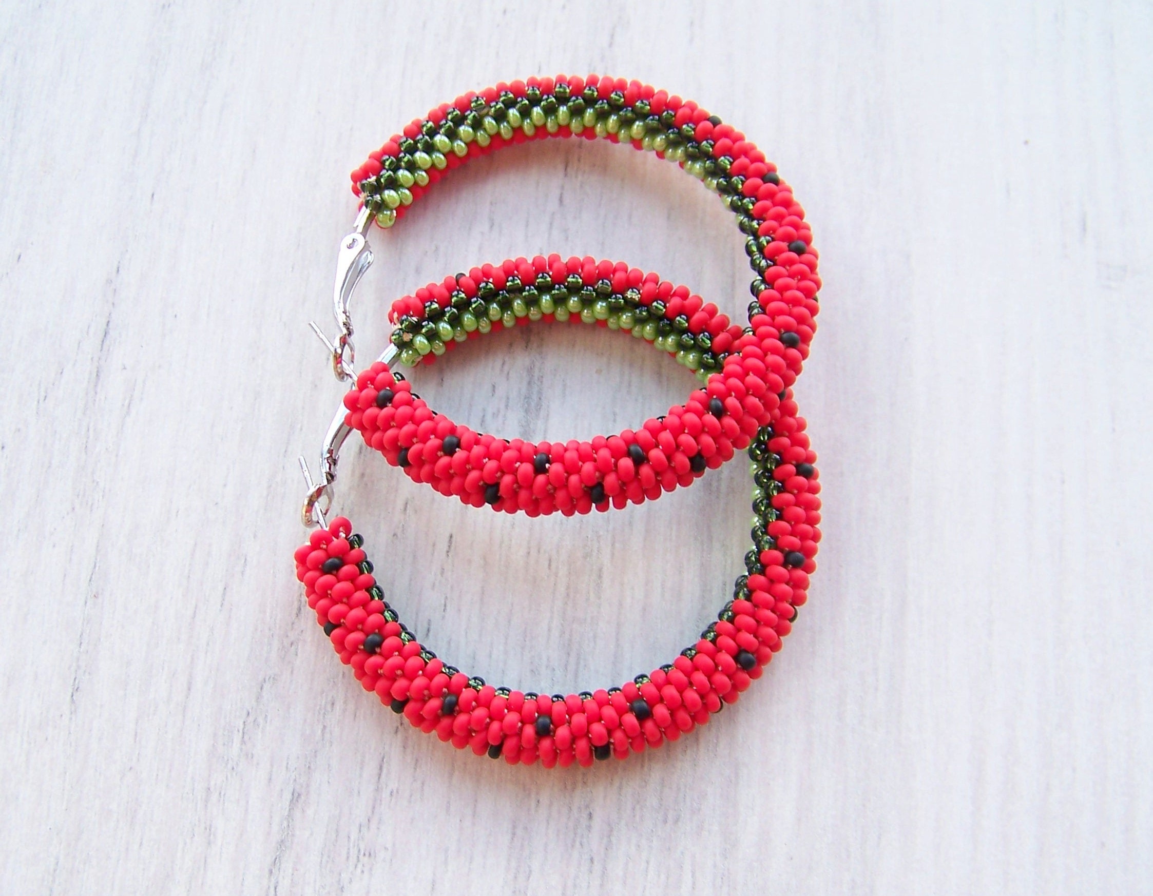 Beaded Colorful Hoop Earrings Watermelon Pattern Earrings | Etsy