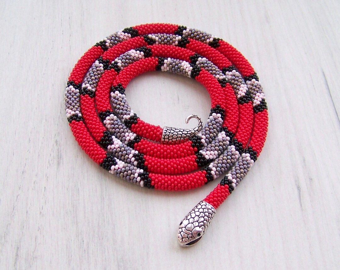 Red Snake Pattern Bead Crochet Necklace - Ethnic Beadwork Necklace ...