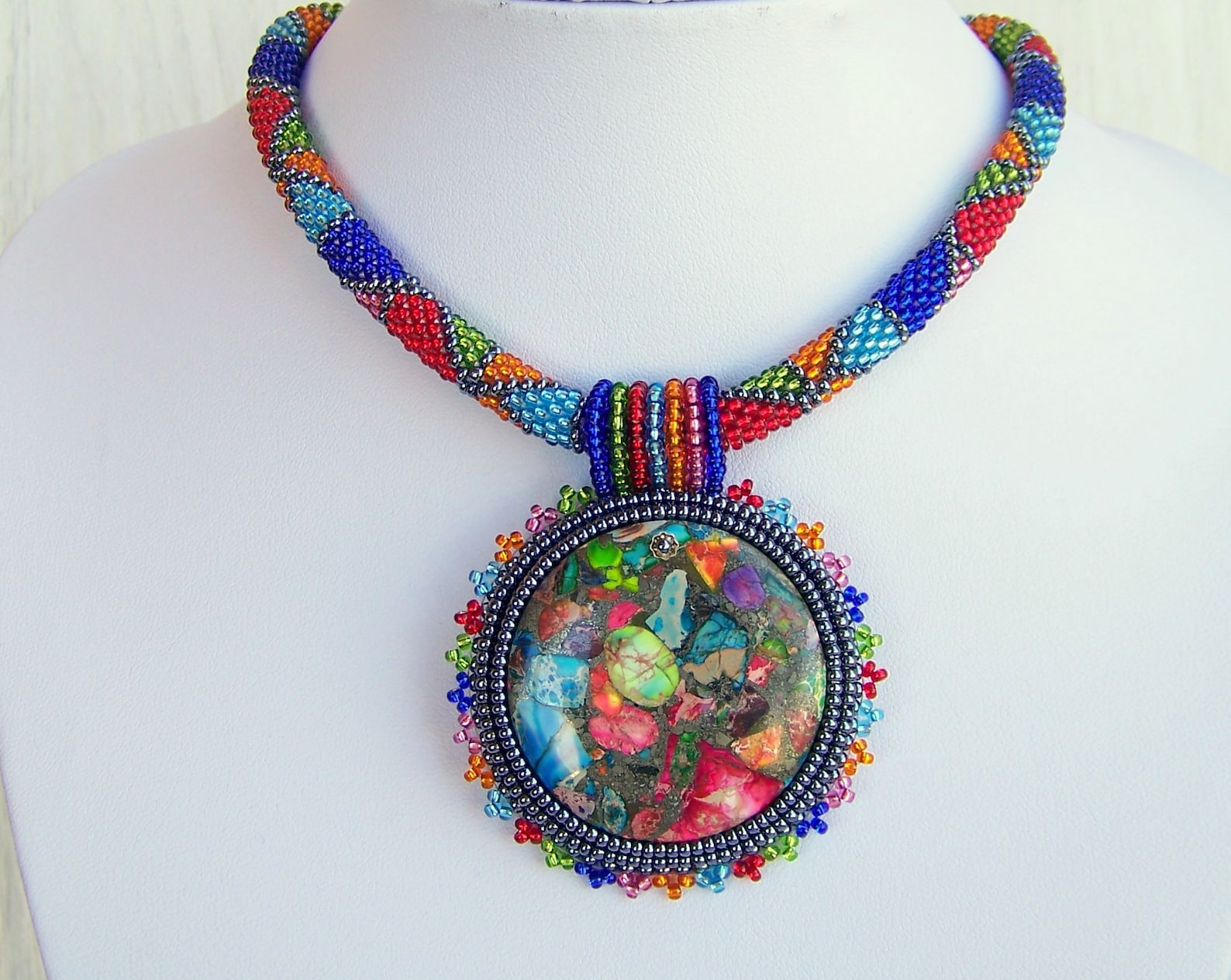 Bead Embroidery Necklace Pendant Beadwork With Rainbow Sea Jasper and ...