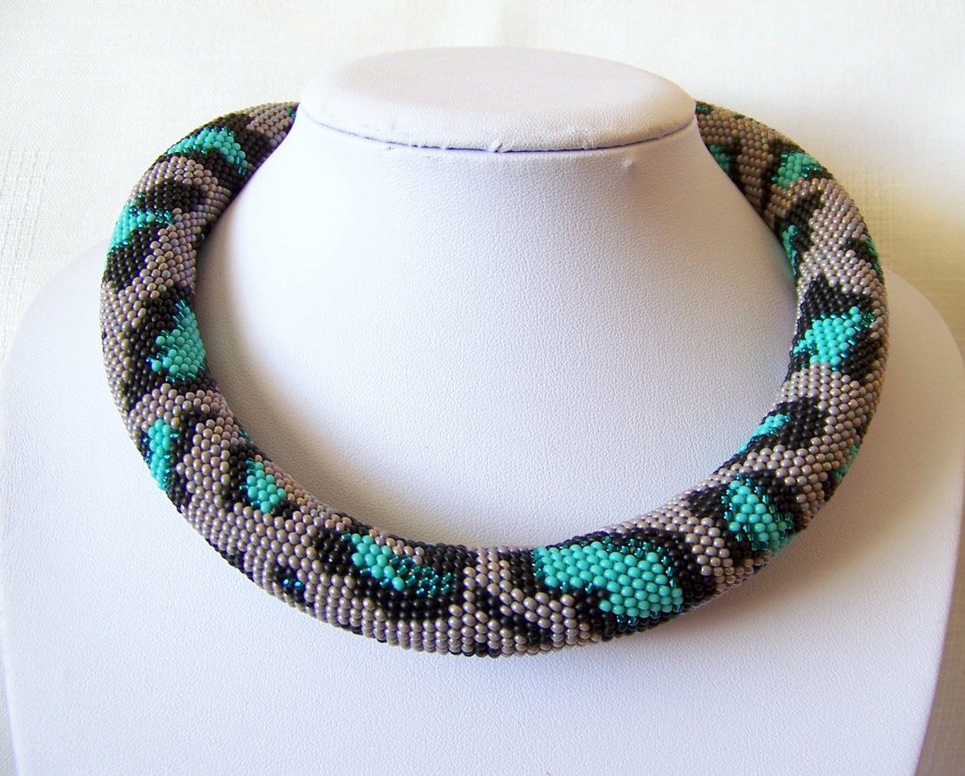 Glamour Leopard Necklace - Bead Crochet Necklace - Turquoise, Emerald ...