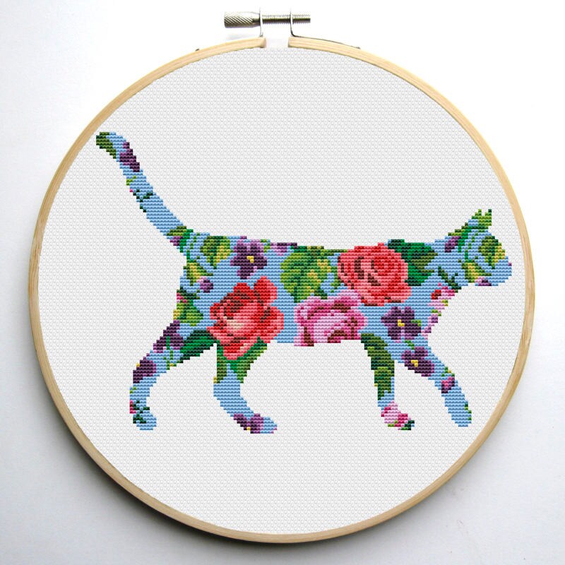 Floral Cat cross stitch pattern set of 4 patterns Instant | Etsy