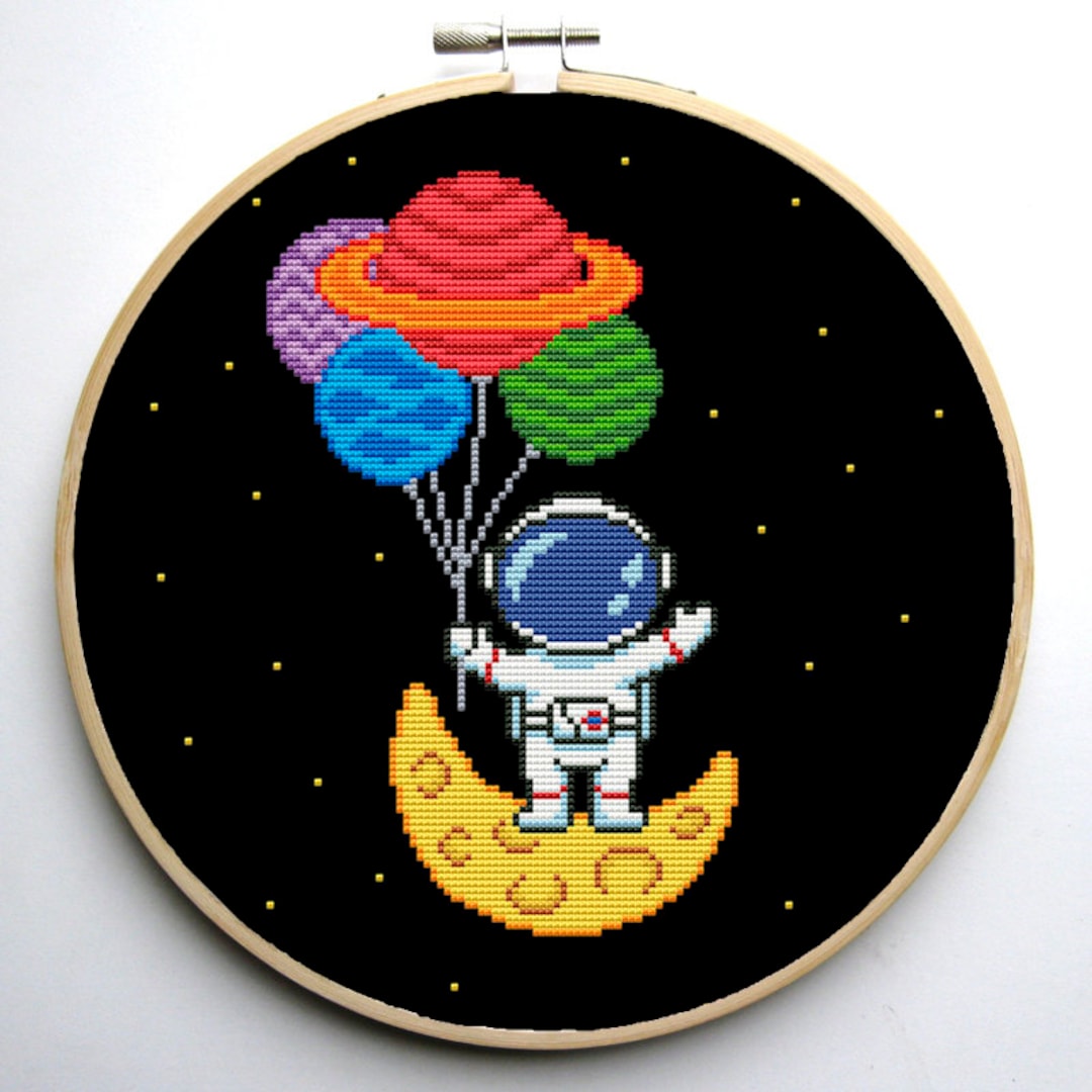 Astronaut & Moon Cross Stitch Pattern, Space Planet Cross Stitch ...