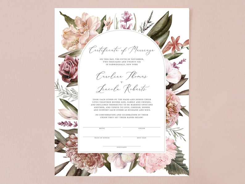 Boho Floral Wedding Certificate Template, Certificate of Marriage ...