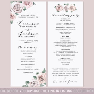 Wedding Program Template Blush Pink Floral Ceremony Program - Etsy