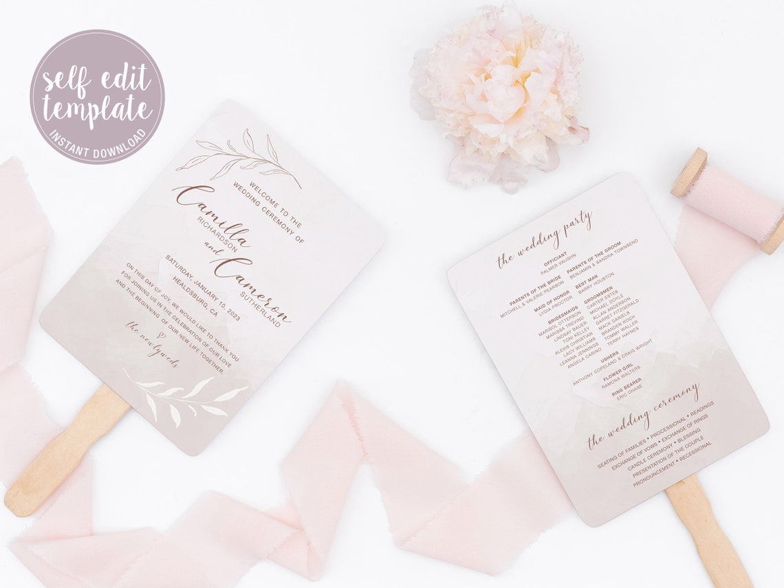 Wedding Ceremony Program Fan Template, Leaves Dusty Rose Blush ...
