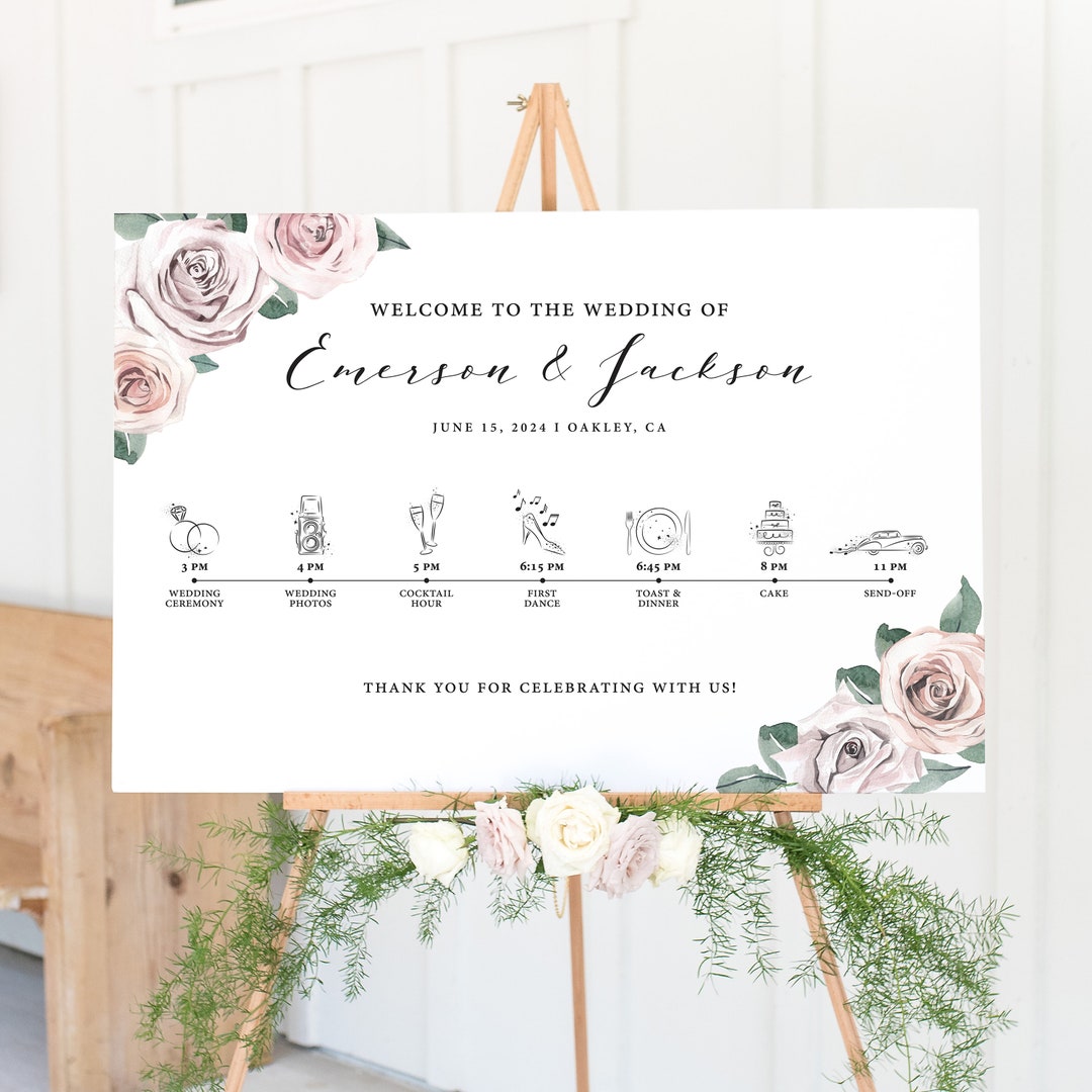 Floral Wedding Timeline Welcome Sign Template, Floral Pink Blush ...