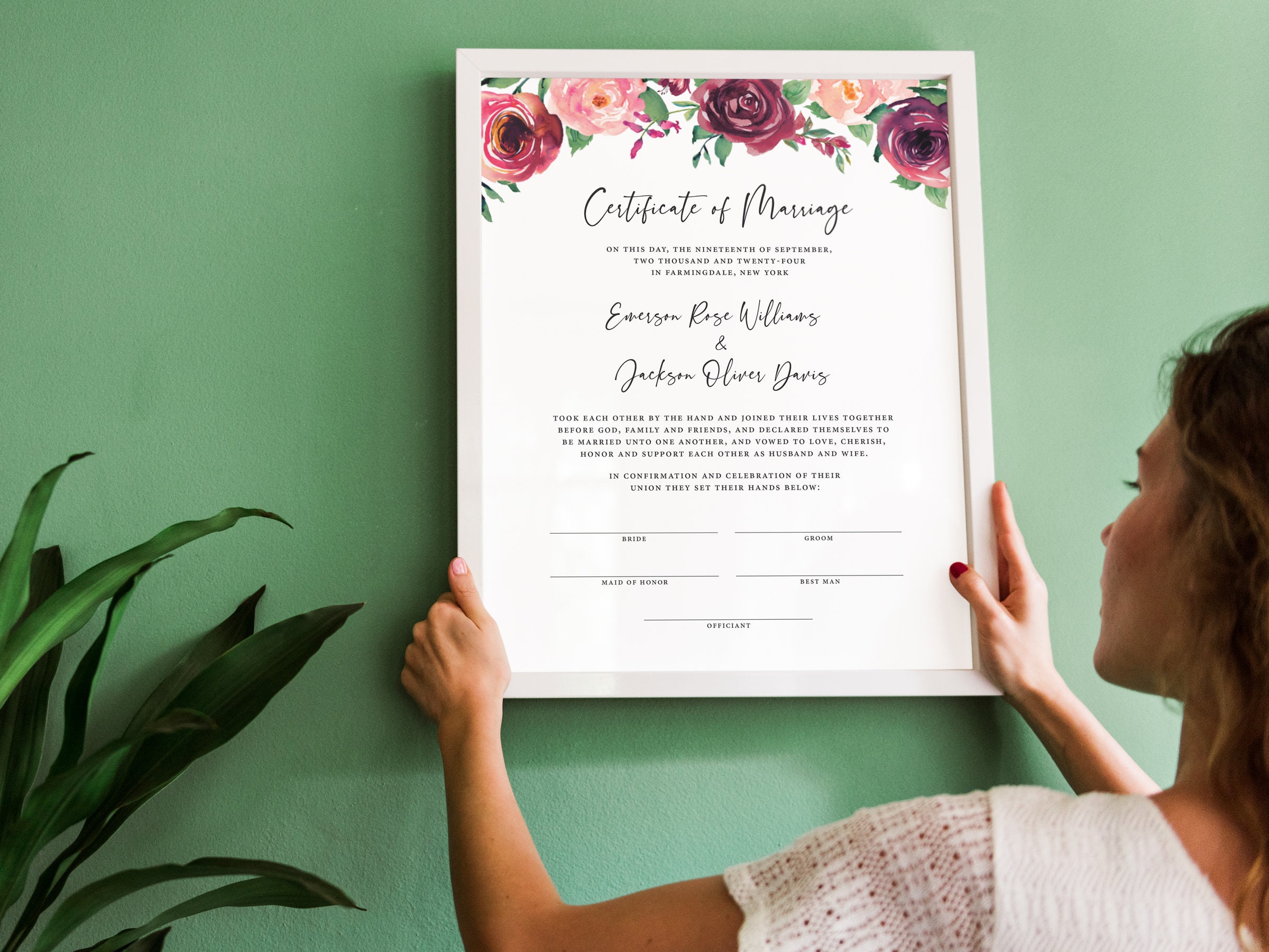 Floral Wedding Certificate Template, Certificate of Marriage, Burgundy ...
