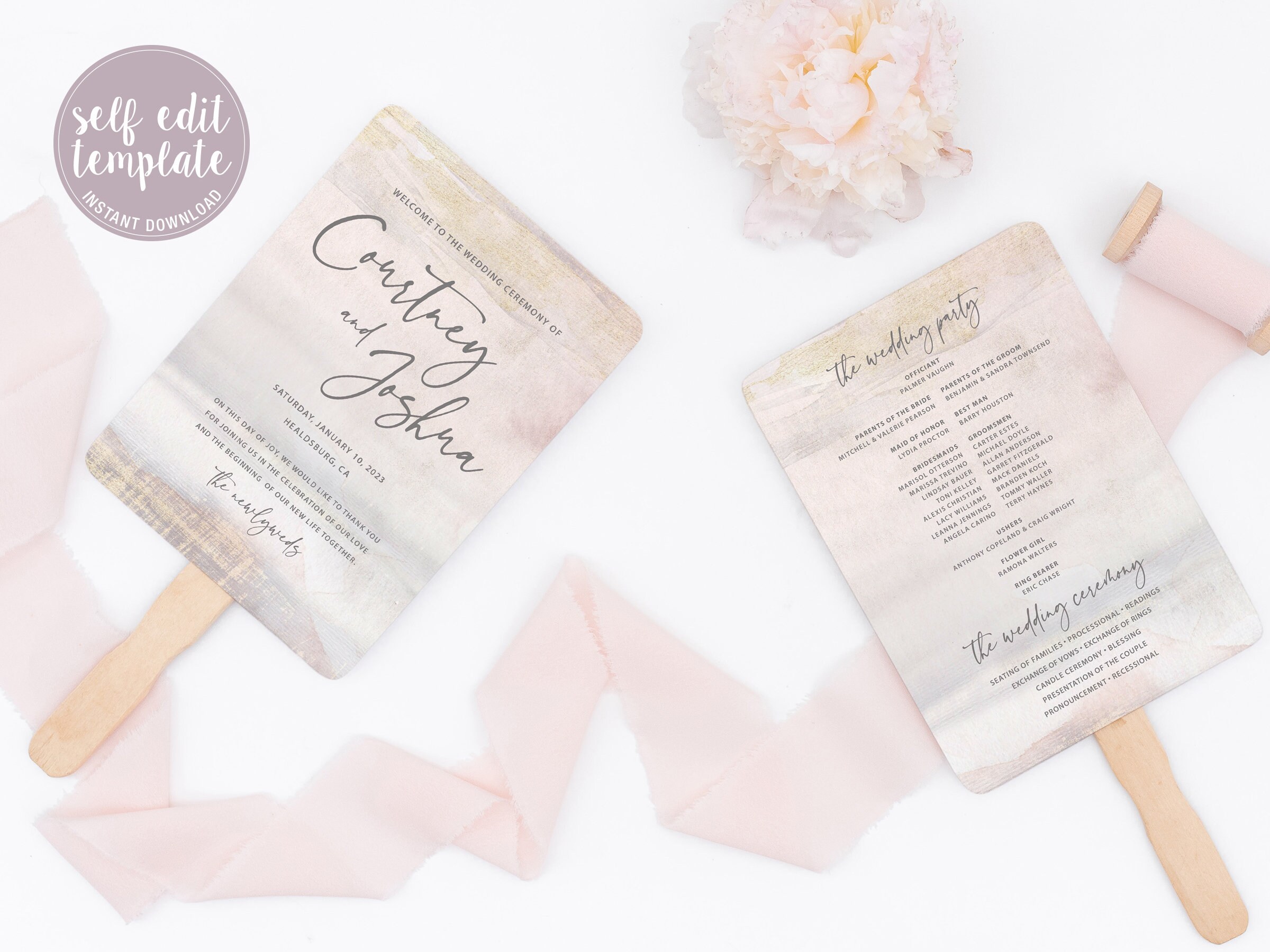 Wedding Program Fan Editable Template, Beach Wedding Watercolor ...