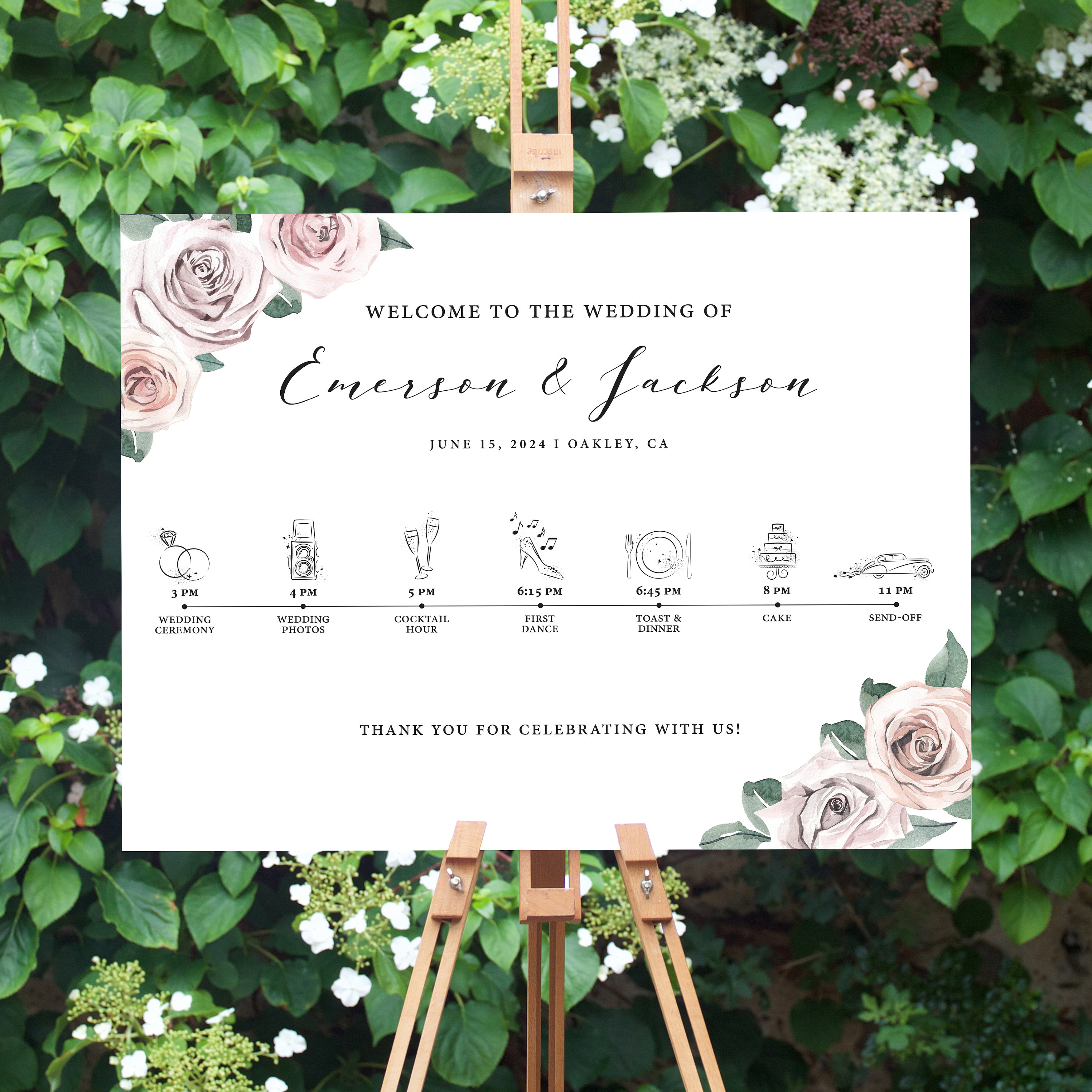 Floral Wedding Timeline Welcome Sign Template, Floral Pink Blush ...