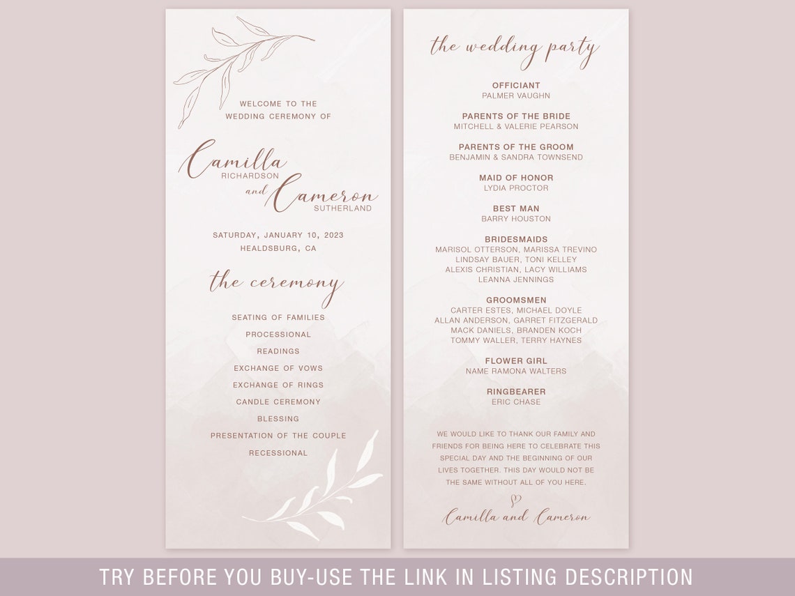 Wedding Program Template Ceremony Program Leaves Dusty Rose - Etsy