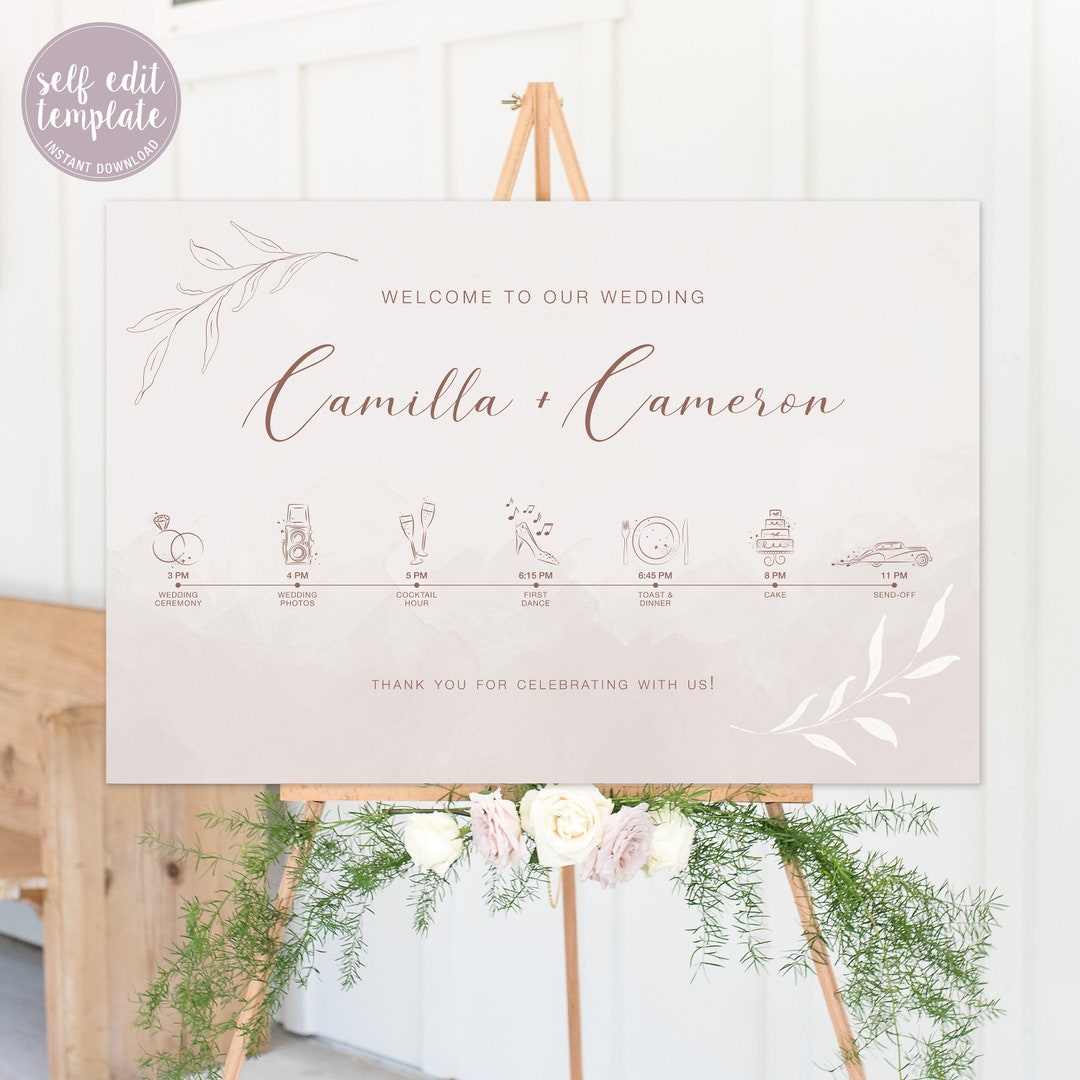 Wedding Timeline Sign Template, Dusty Rose Pink Blush, Editable Order ...
