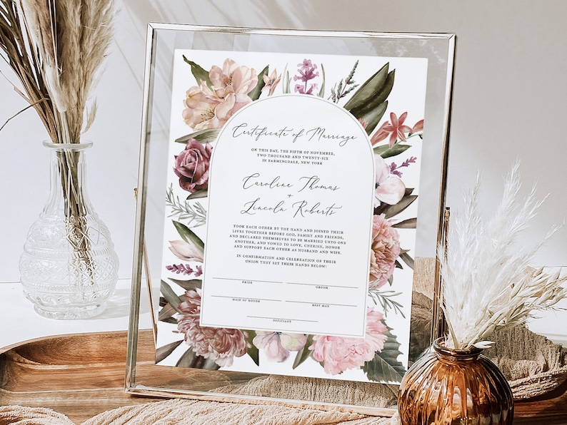 Boho Floral Wedding Certificate Template, Certificate of Marriage ...