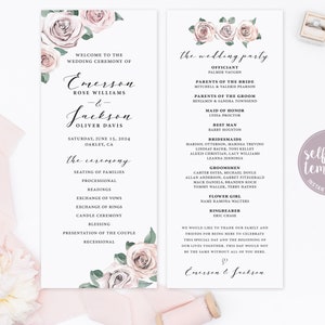 Wedding Program Template Blush Pink Floral Ceremony Program | Etsy