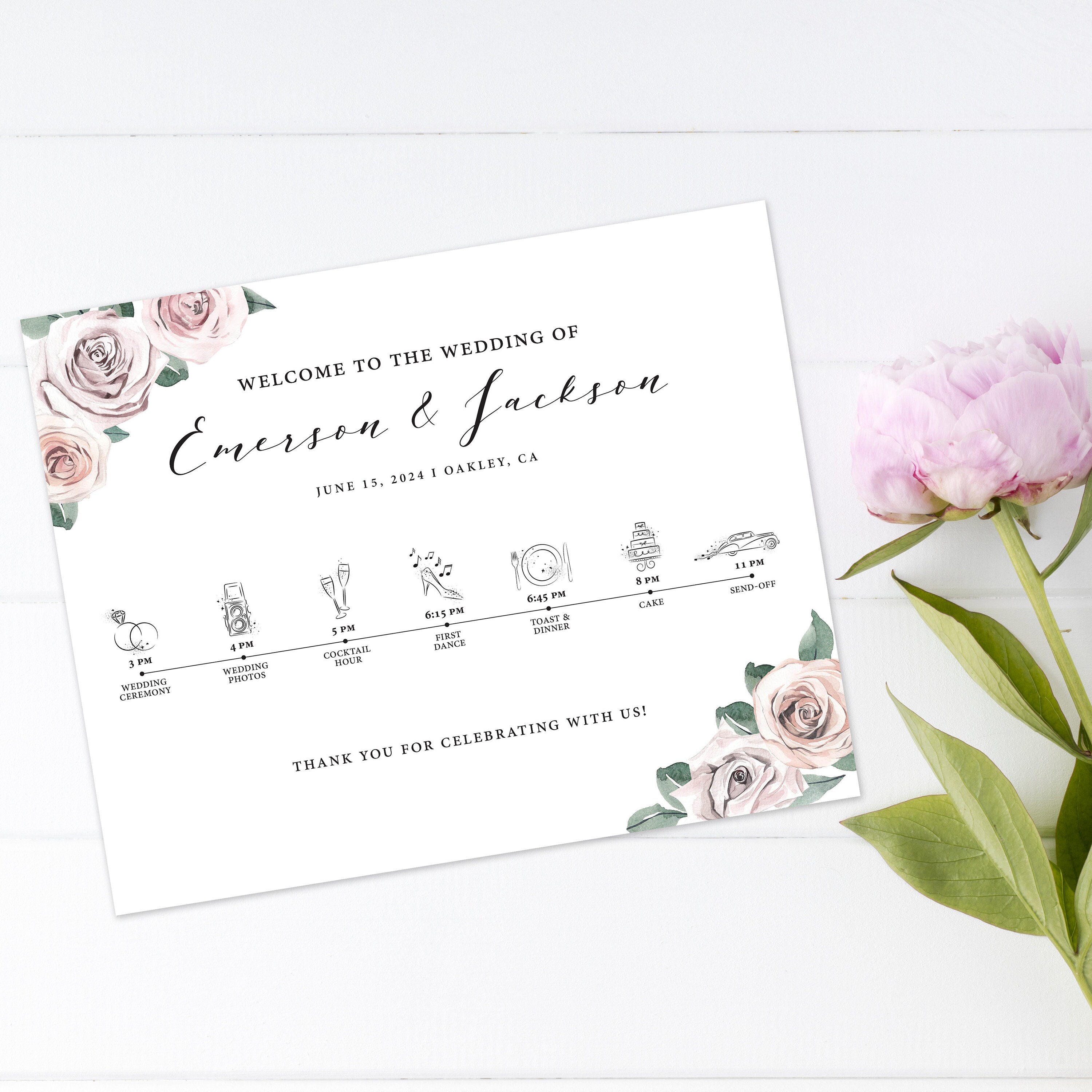 Floral Wedding Timeline Welcome Sign Template, Floral Pink Blush ...