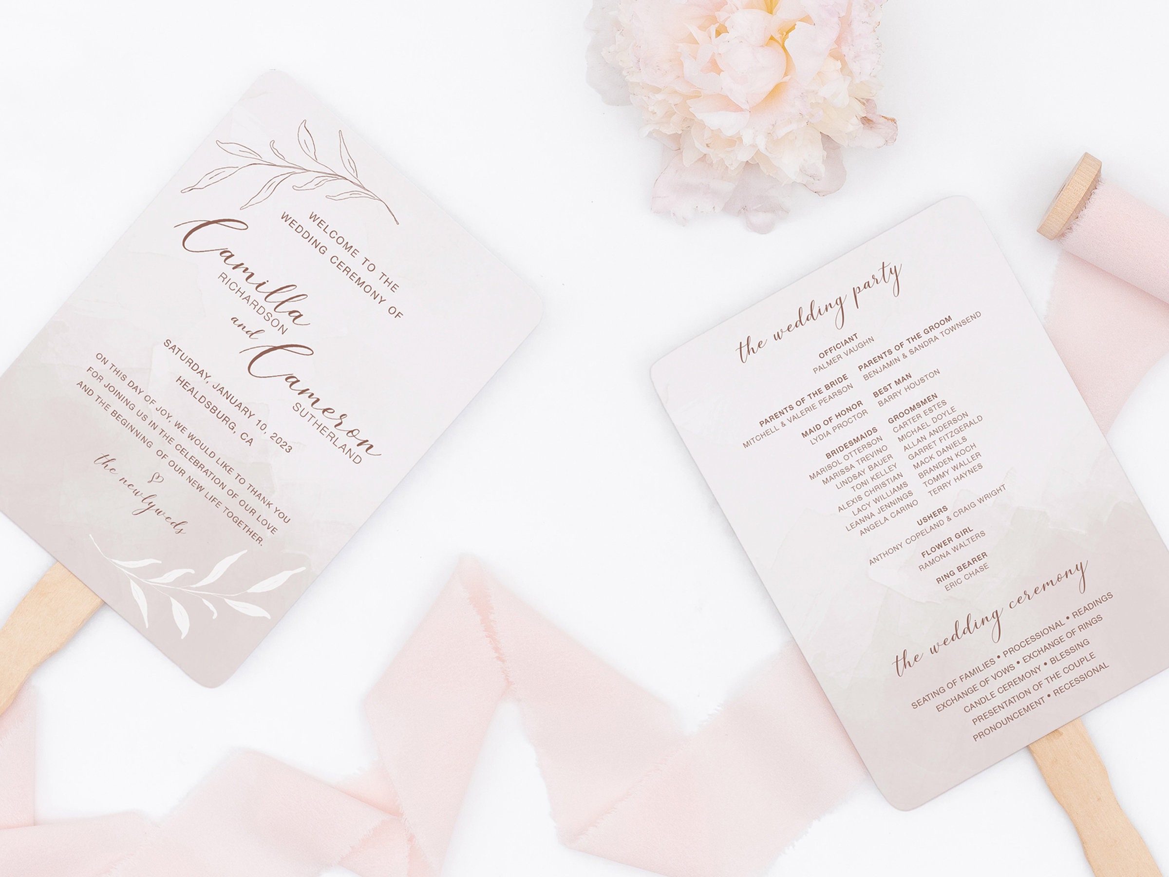 Wedding Ceremony Program Fan Template, Leaves Dusty Rose Blush ...