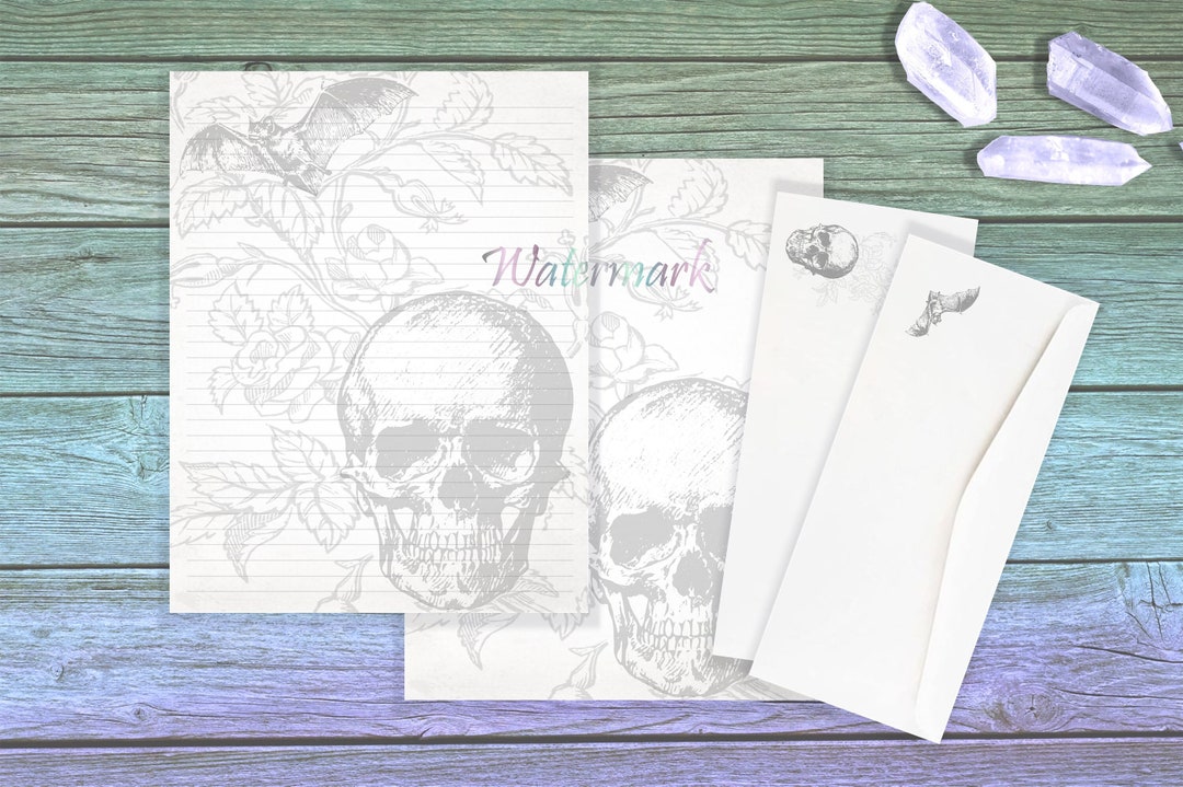 Bat and Skull Paper Set Gothic Writing Paper Halloween Pages Floral ...