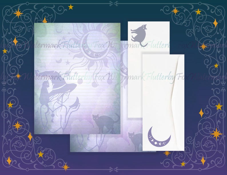 Witch and Black Cat Paper | Witch Stationery | Moon Spell Page ...