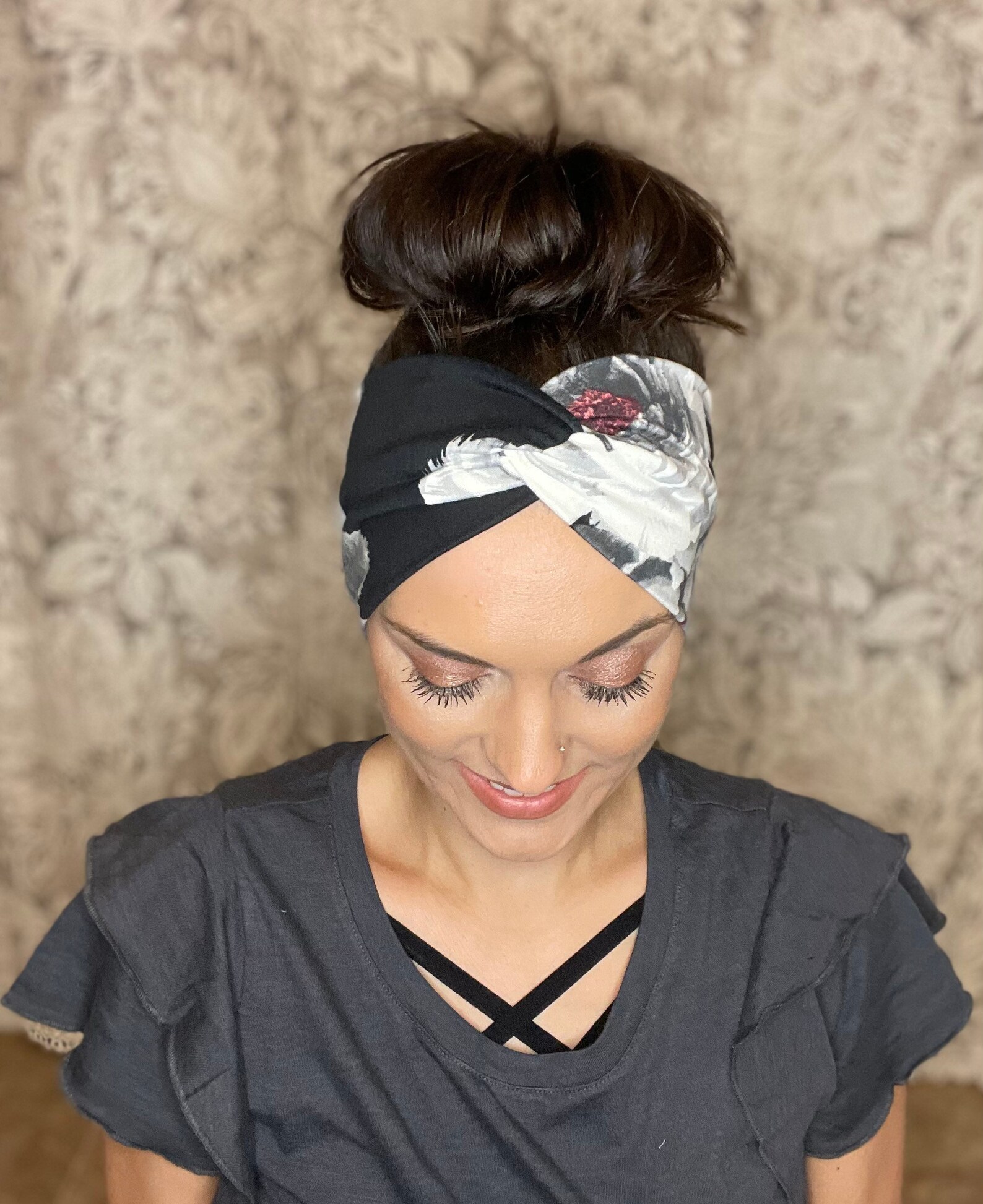 Adult Black Burgundy Floral Twisted Headband, Turban Headband,yoga ...
