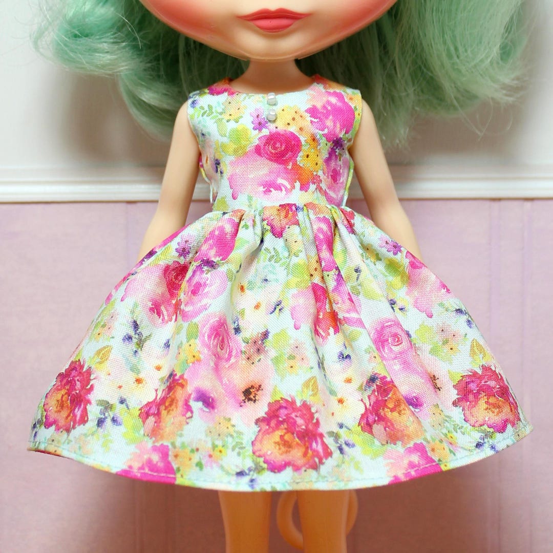 BLYTHE Doll Dress - Pink Watercolor Roses on Aqua - Etsy