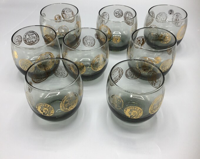 Vintage Federal Glass Smoky Roly Poly Roma Gold Coins Glasses Set of 8 ...