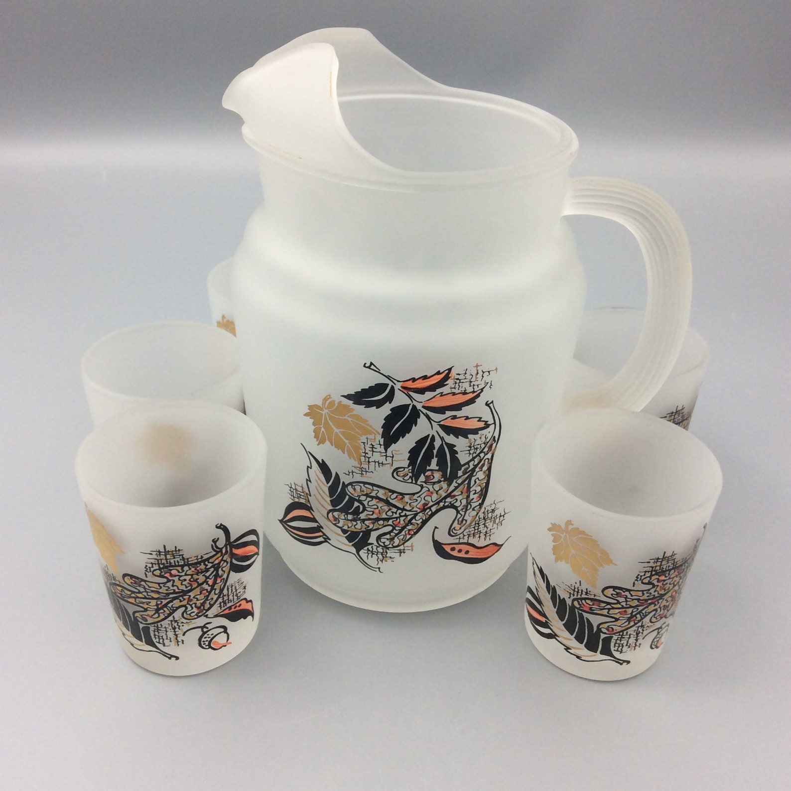 Vintage Frosted Glass Pitcher Set Autumn Leaves With Gold | Etsy