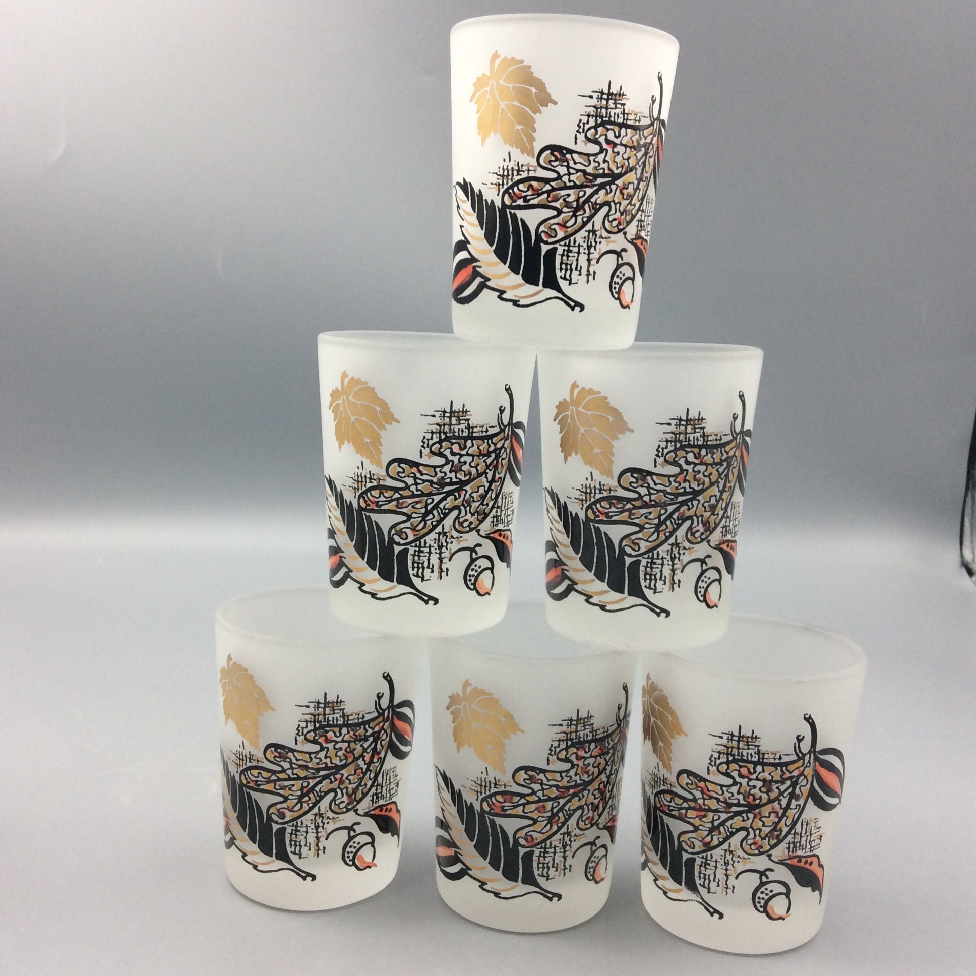 Vintage Frosted Glass Pitcher Set Autumn Leaves with Gold | Etsy