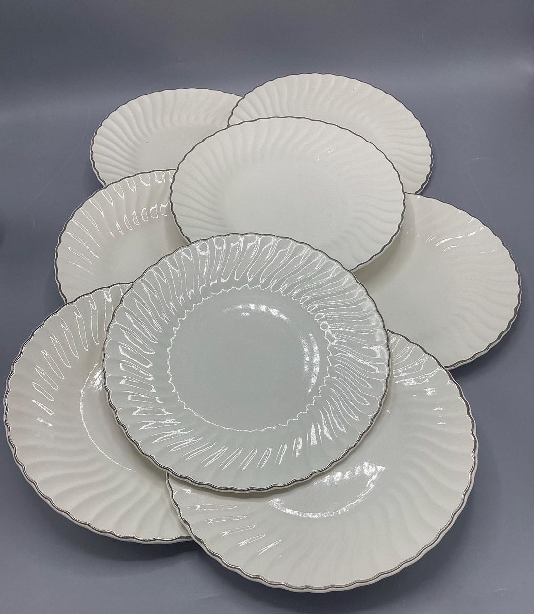 Scio China - Platinum Swirl Pattern Scalloped Edge Fluted Dinner Plates ...