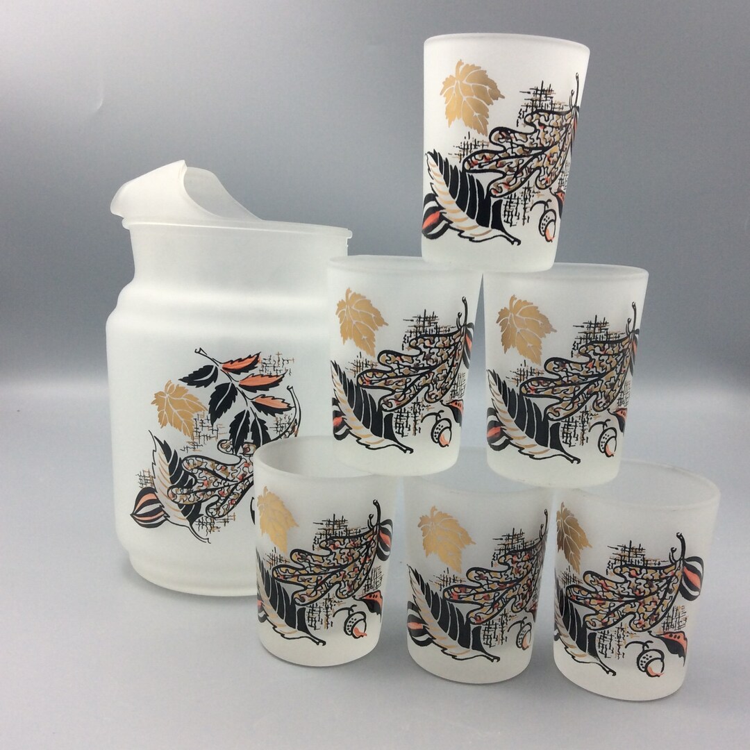 Vintage Frosted Glass Pitcher Set Autumn Leaves With Gold - Etsy