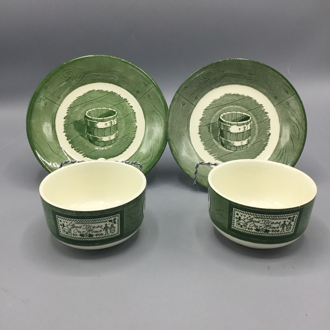 Royal China USA Green Colonial Homestead Pattern - Tea Cups and Saucers ...