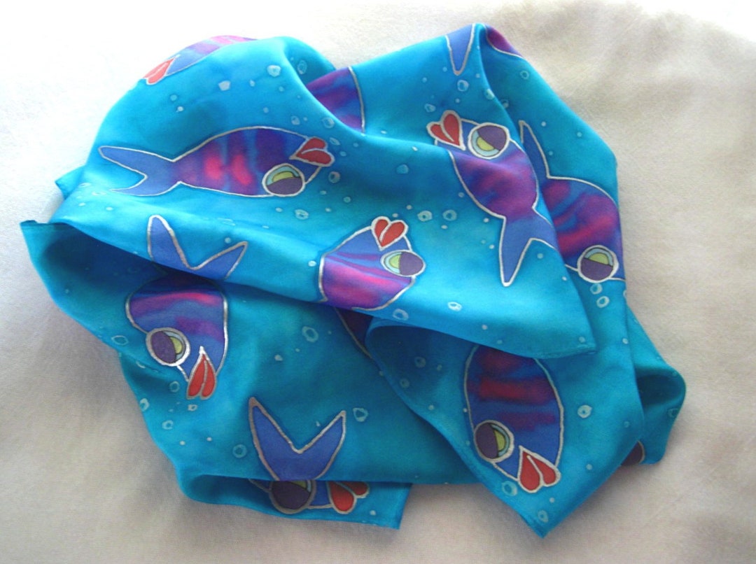 Turquoise Silk Scarf. Tropical Fish Scarf. Blue and Pink Fish. Light ...