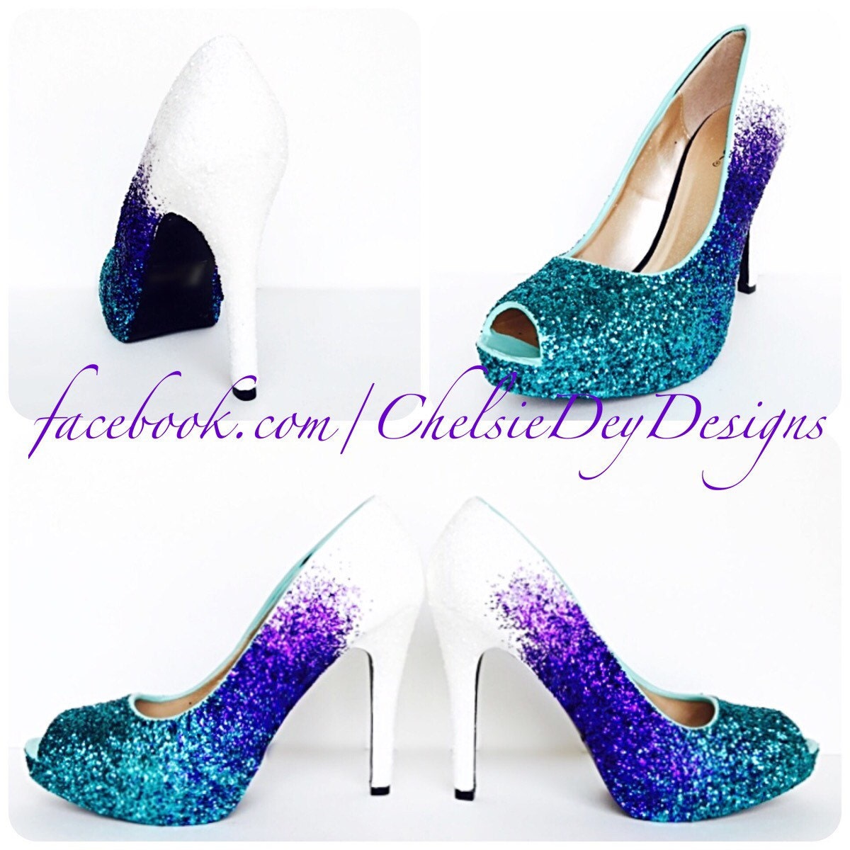 Glitter High Heels Blue White Ombre Peep Toe Pumps Purple Etsy