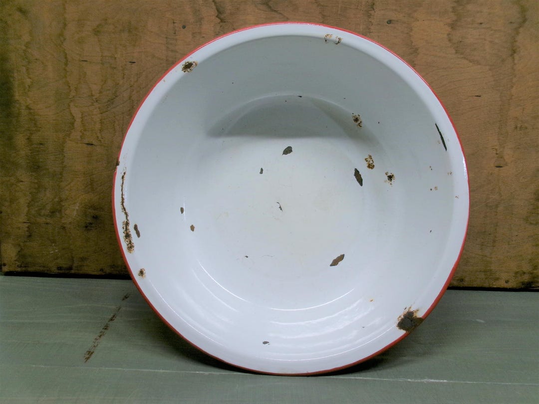 Vintage Large Enamel Basin White With Red Trim Farmhouse - Etsy