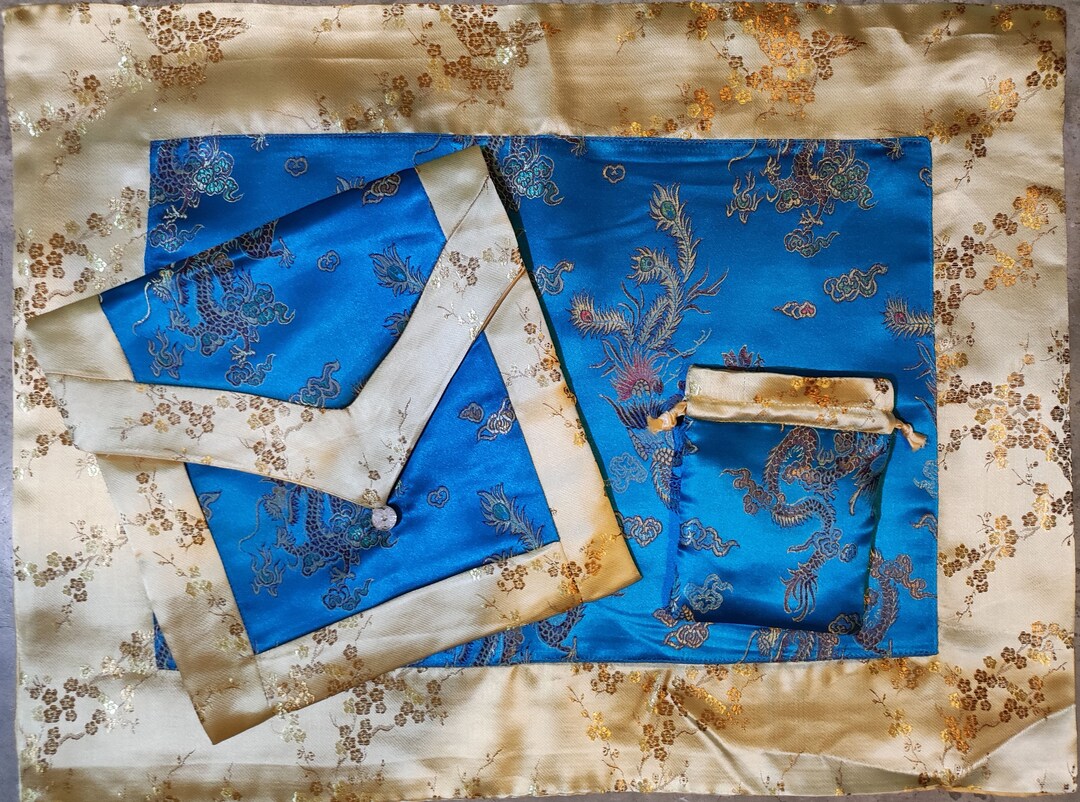 Silk Brocade Sadhana Text Cover, Puja Table Cloth & Mala Bag Set- Gold ...