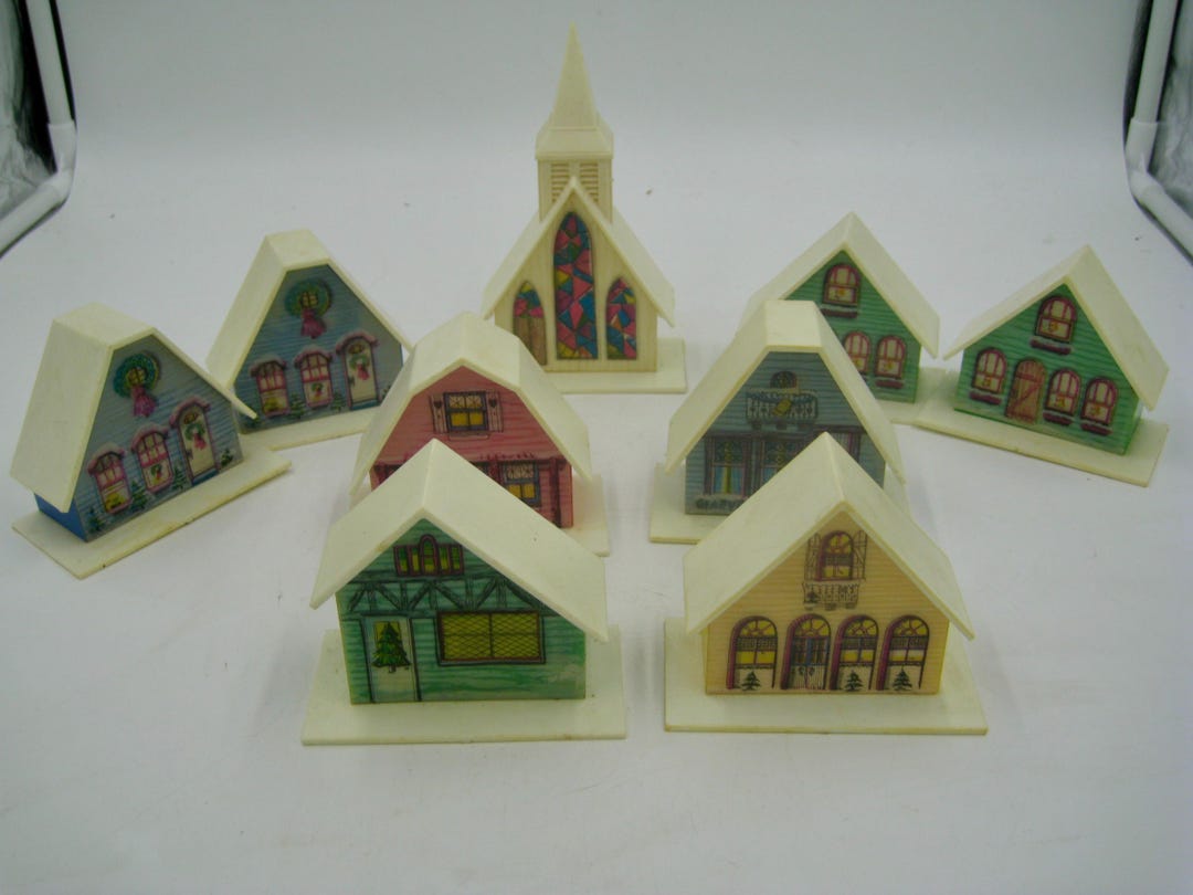 Vintage 9pc Miniature Plastic Houses Church Christmas Village Light Set ...
