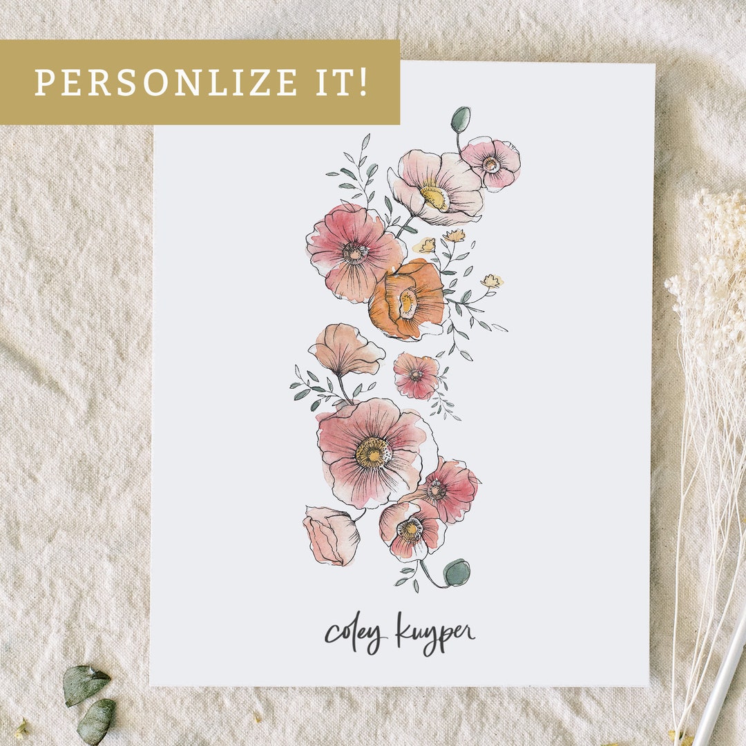 Personalized Art | Pink Poppies Watercolor | Blush Decor, Nursery Decor ...