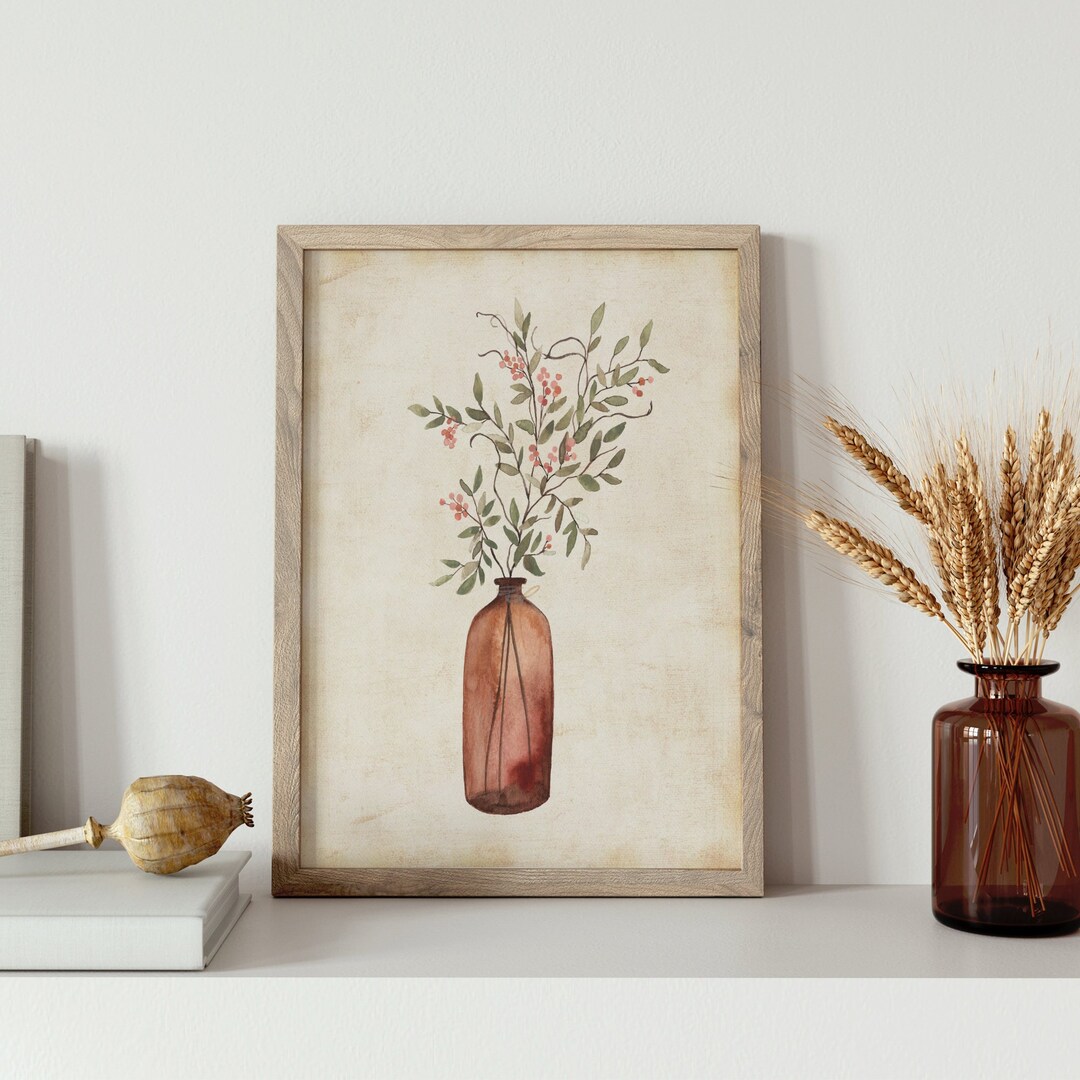 Amber Vase With Fall Berries 8x10 Art Print | Simple Artwork Watercolor ...